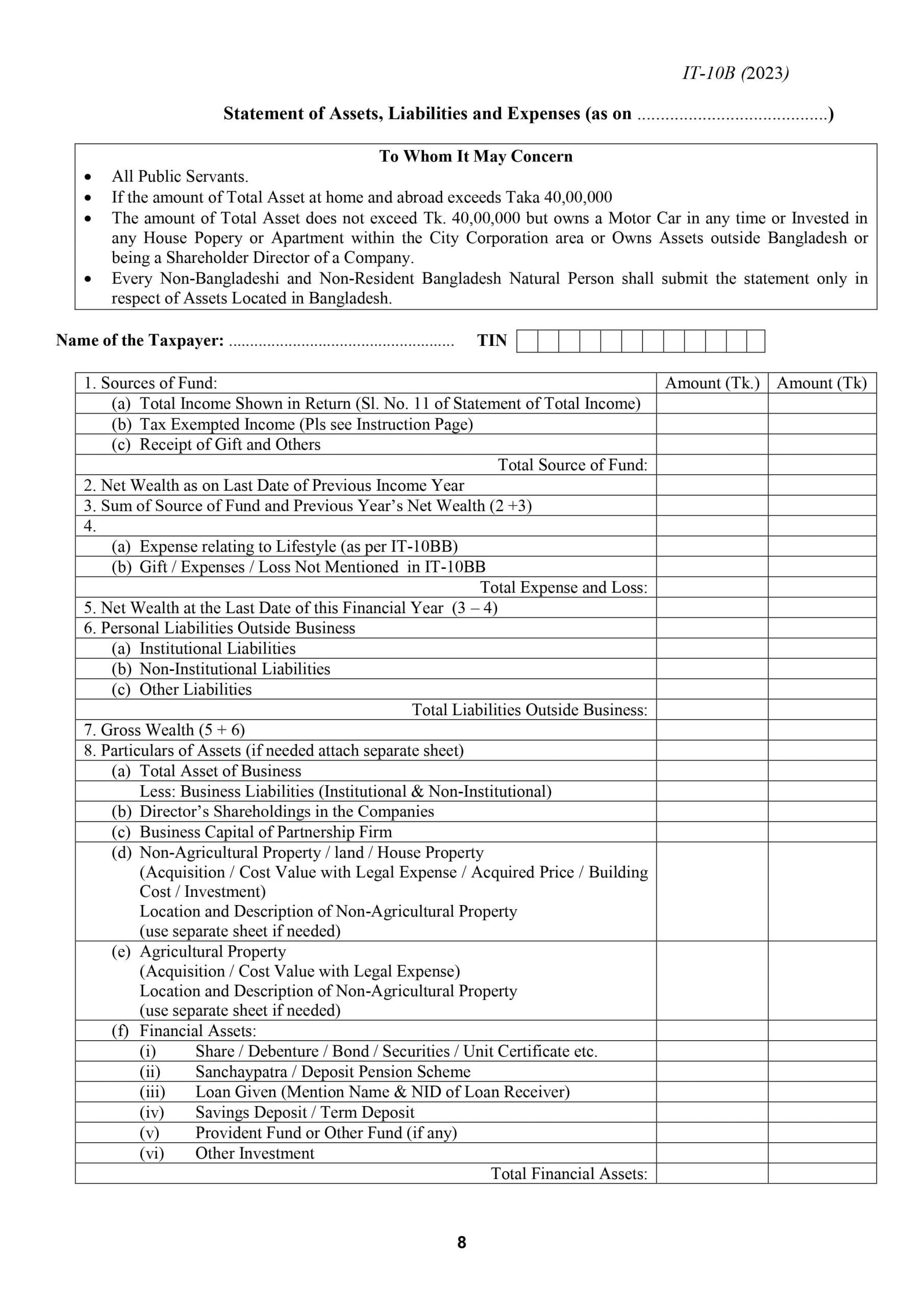 Who needs to file Assets and Liabilities Statement IT 10B